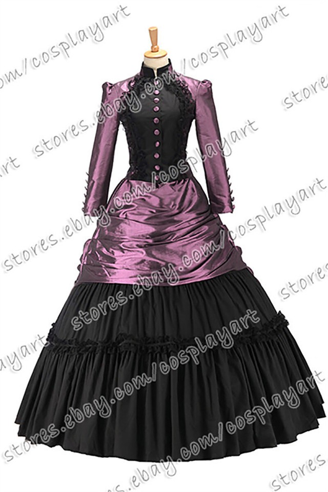 Lady Victorian Gothic Tiered Frill Ruffles Lace Brocaded Prom Formal ...