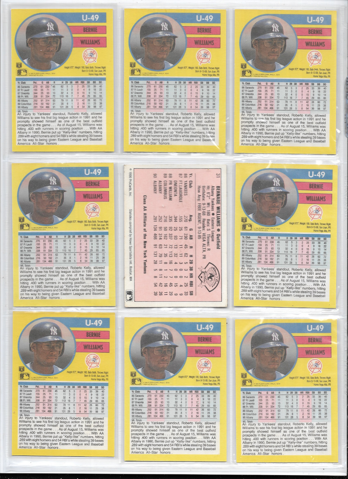 1991 Fleer Bernie Williams Rookie baseball cards + 1990 ProCards Albany ...