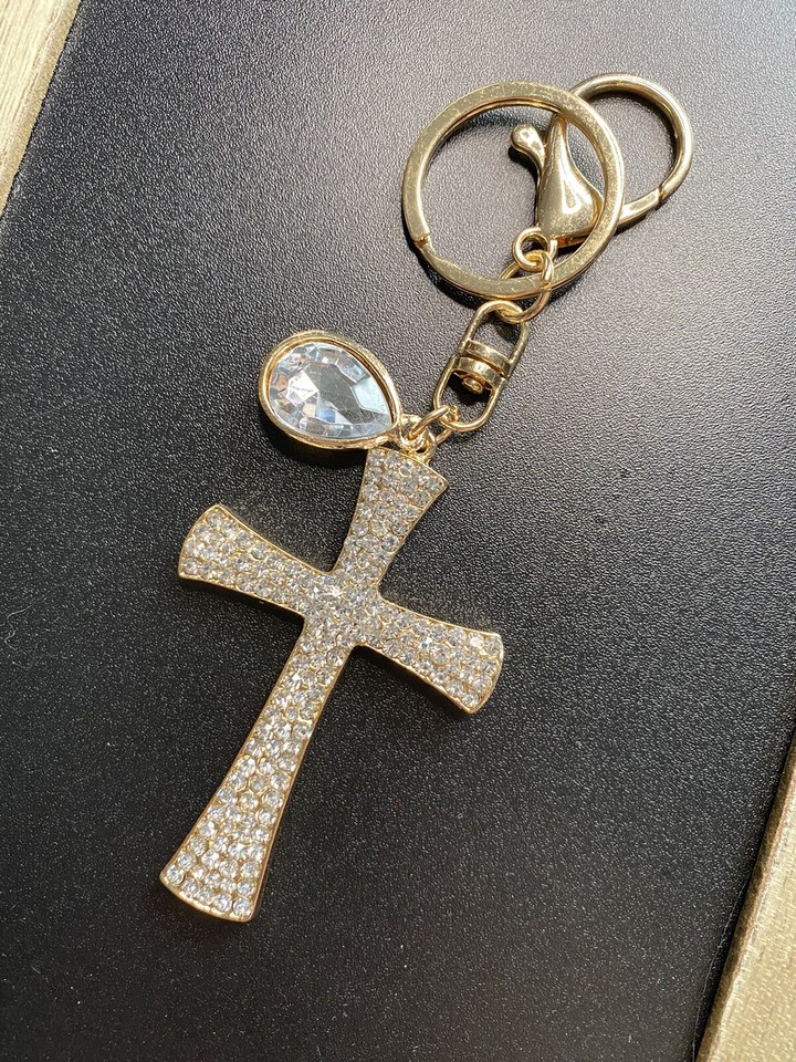 Rhinestone Gold Cross Bag Charm Keychain Key Ring Fob Crystal Women ...