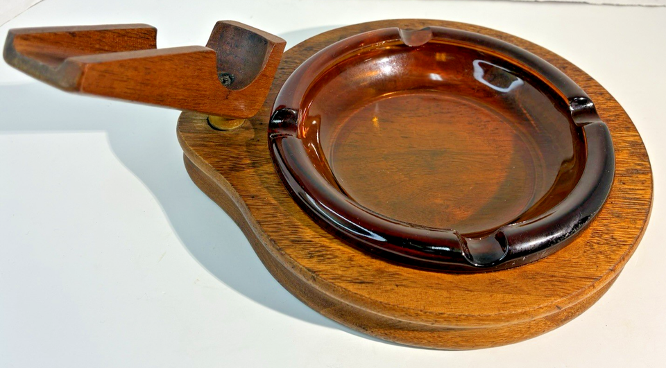 Vintage Decatur Industries Walnut Pipe Stand & Amber Glass Ashtray MCM ...