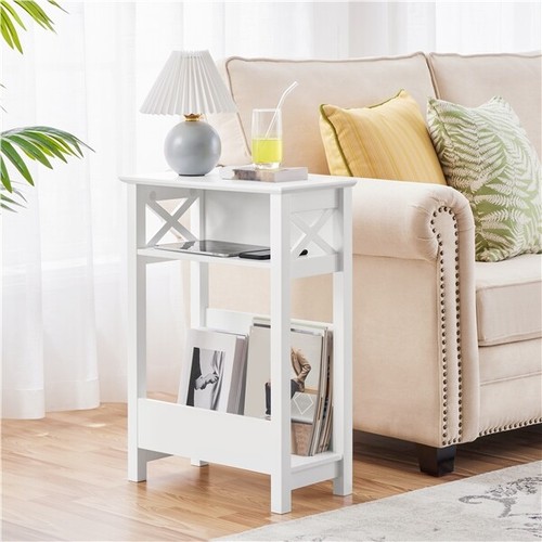 Narrow End Table w/ Magazine Rack, 3 Tier Slim Side Table for Living ...