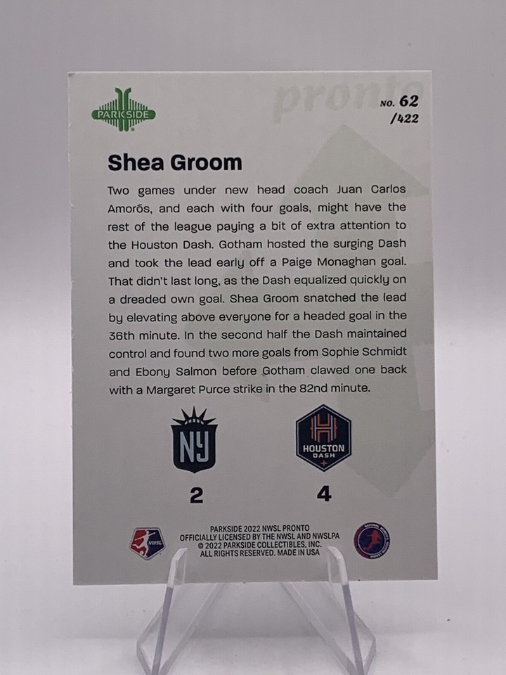 2022 Parkside Pronto NWSL Shea Groom Houston Dash Wave Week 12 Card #62 ...