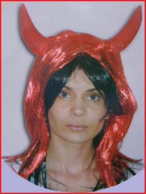 DEVIL WIG with HORNS Red & Black Halloween Gothic Costume Birthday Hens ...