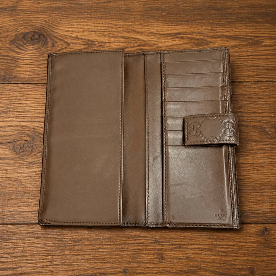 GUCCI Guccissima GG Logo Leather Zip Around Long Wallet Dark Brown Cow ...