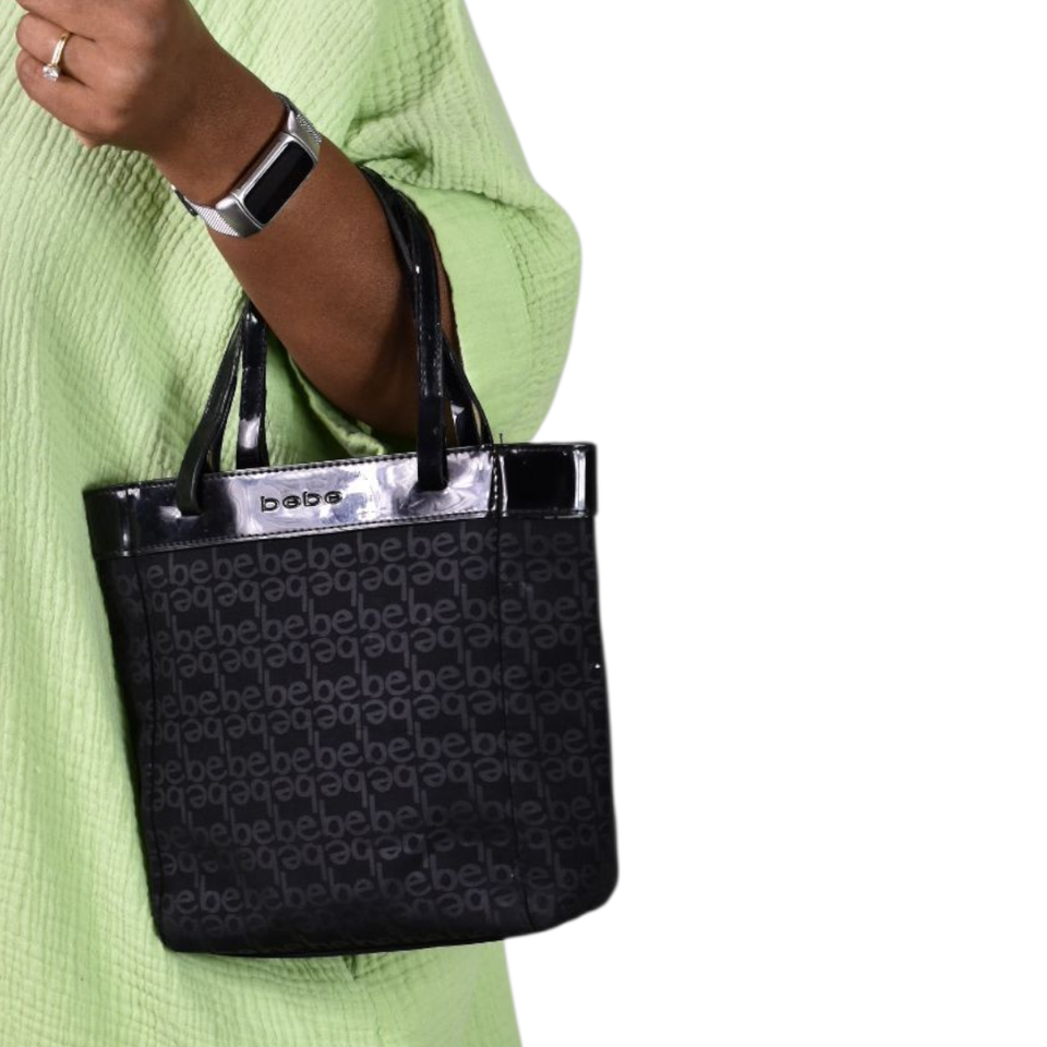 Vintage Bebe Mini Tote Bag Black Logo Patent Leather Shopper Handbag ...