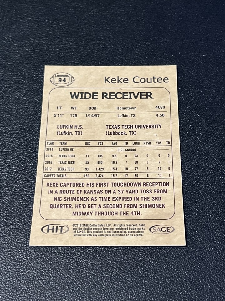 2018 SAGE HIT #94 Keke Coutee Rookie Texas Tech Red Raiders | eBay