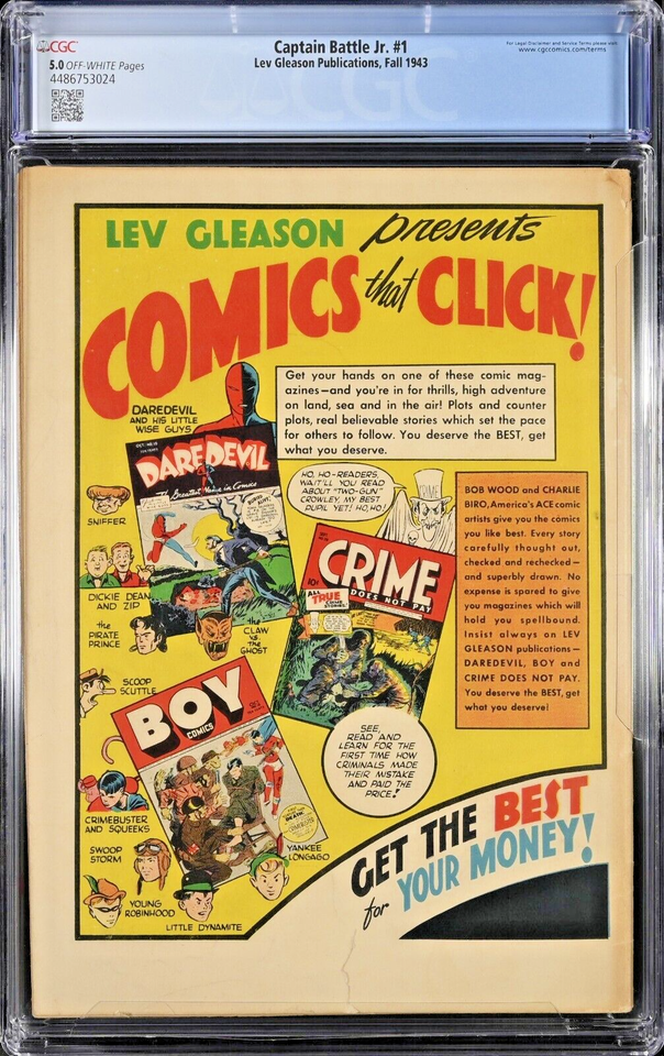 CAPTAIN BATTLE JR #1 CGC VGF 5.0 LEV GLEASON 1943 NAZI WWII COVER ...