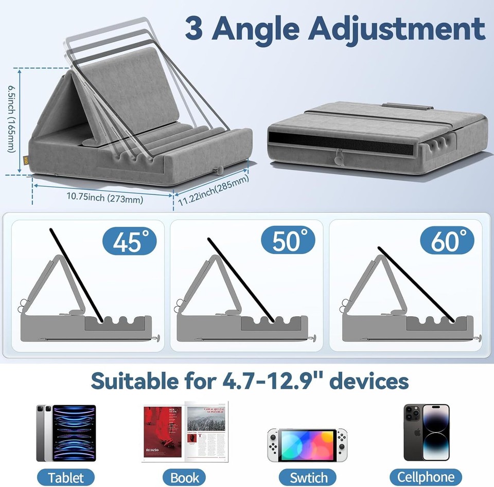 Tablet Pillow Holder, Foldable Ipad Stand for Lap Bed and Desk Tablet ...