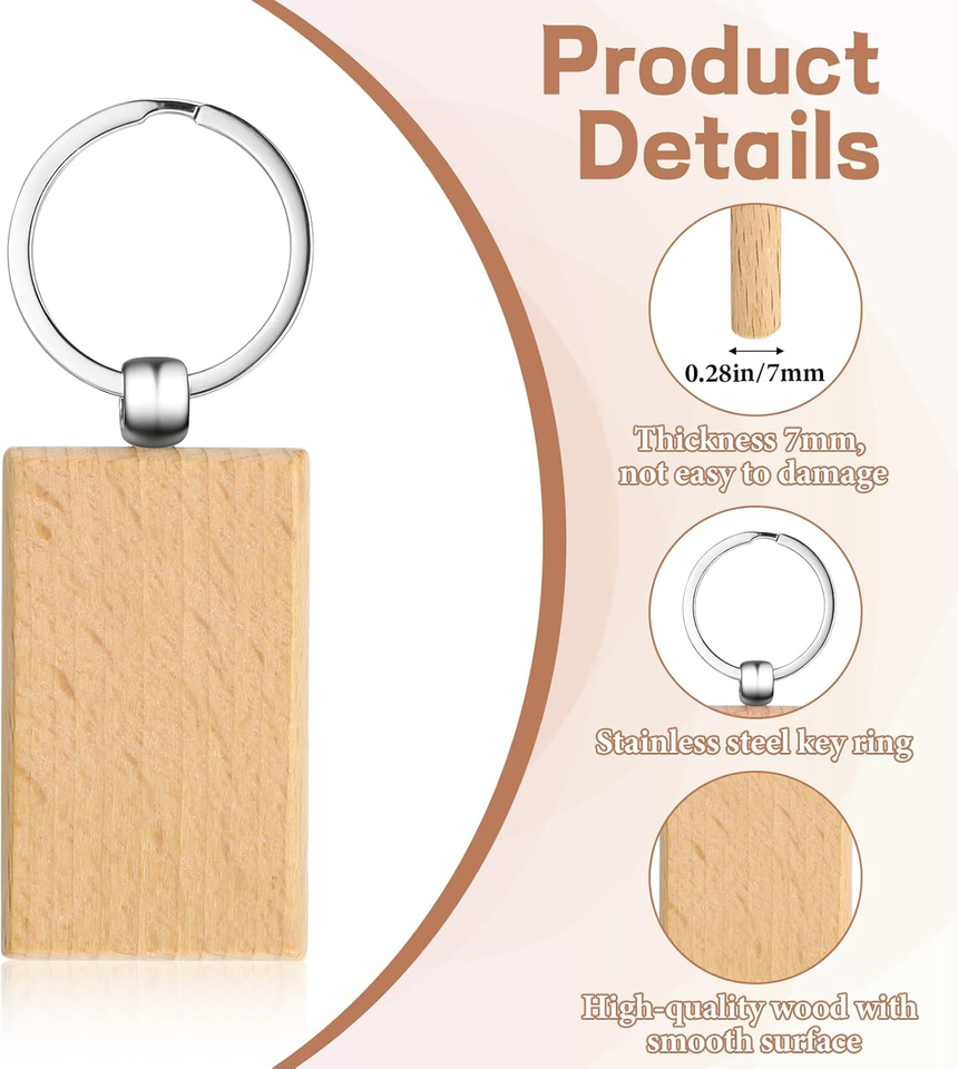 50 Pieces Wood Keychain Blank Rectangle Wooden Laser Engraving Blanks ...
