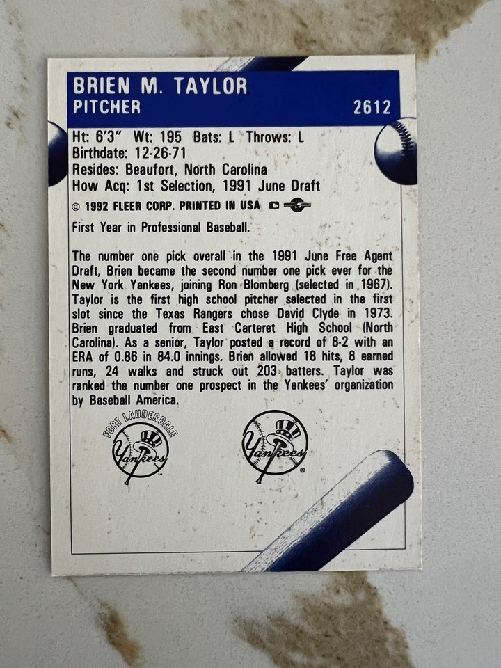 Brien Taylor Fort Lauderdale Yankees 1992 Fleer Pro Cards #2612 | eBay