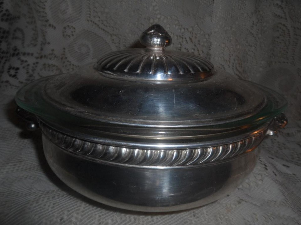 Vntg Ornate Pilgrim SilverPlate w/Glass Pyrex Chafing Dish Casserole ...