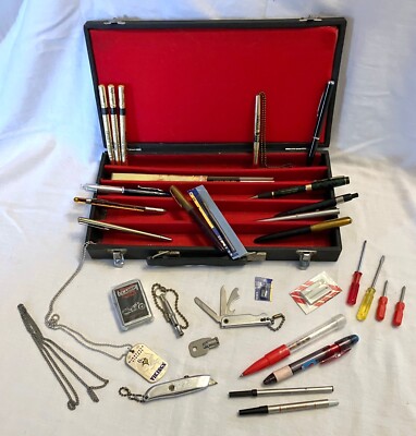 Vintage Mixed Lot of Pens Mechanical Pencils Junk Drawer Items In Case ...