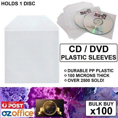 PREMIUM 100 x CD DVD Clear Plastic Sleeves with Flap - Holds 1 Disc ...