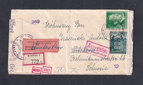 POLAND GERMAN OCC. 1943 WW2 2xCENSORED EXPRESS REG'D COVER KRAKAU TO ...