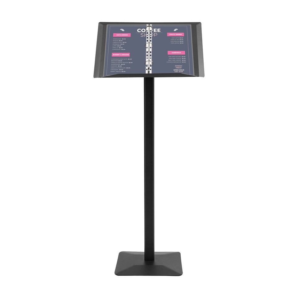Freestanding Menu Stand Iron Black Menu Stand With Binder For Brochures ...