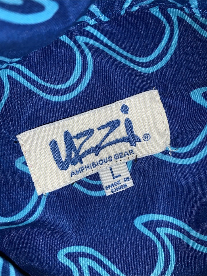 Uzzi Men’s Shirt L Large Blue Hawaiian Tropical Sea Ocean Waves Motif ...