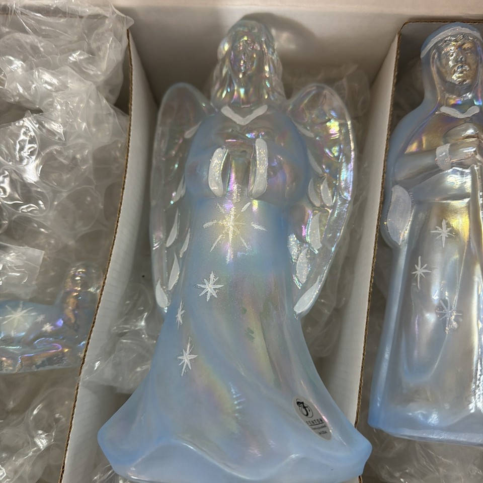 Fenton 3 Piece Iridescent Blue Nativity MIB Rare Angel, Sheppard And ...