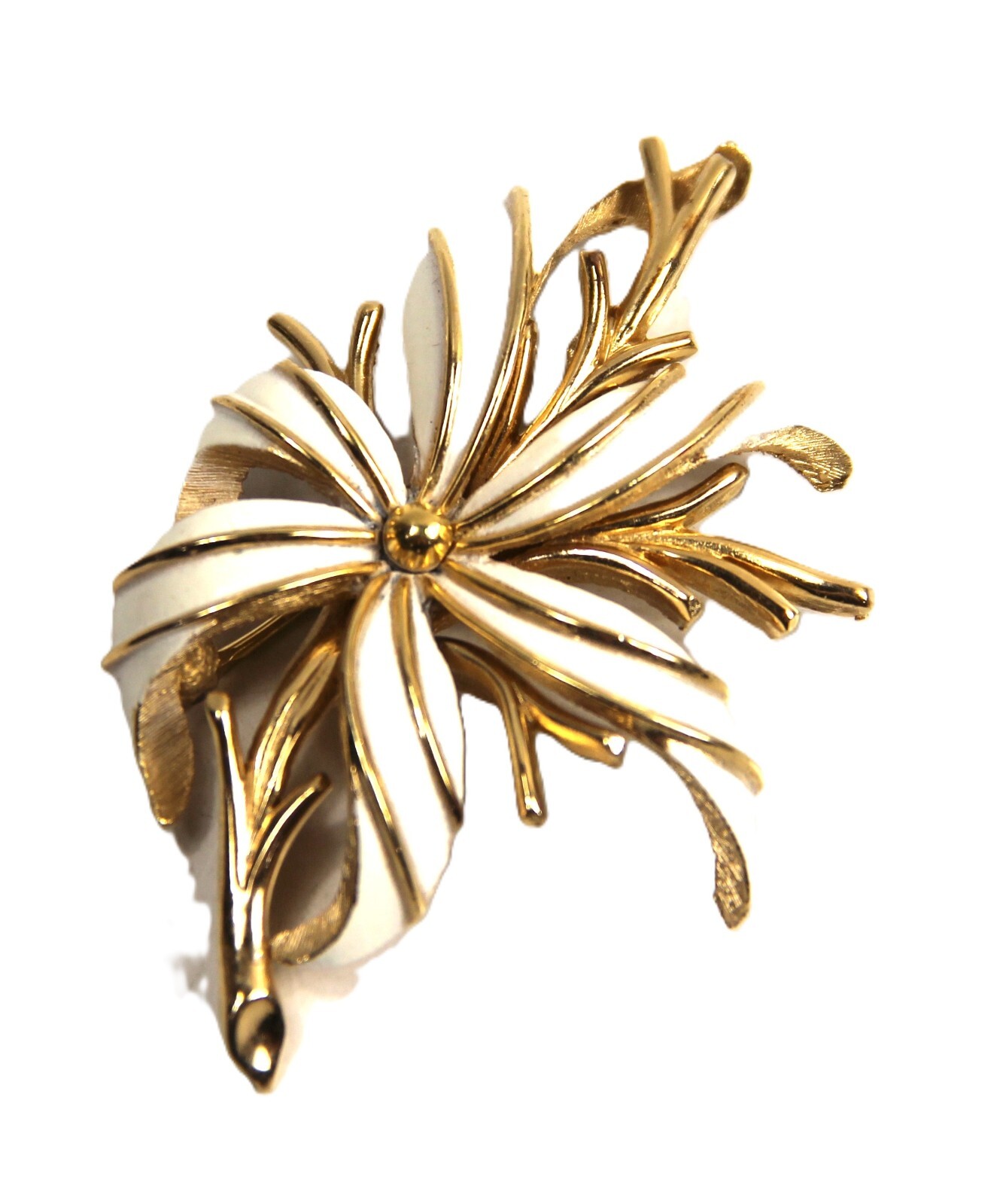 TRIFARI GOLD & WHITE ENAMEL FLOWER BROOCH - Gem
