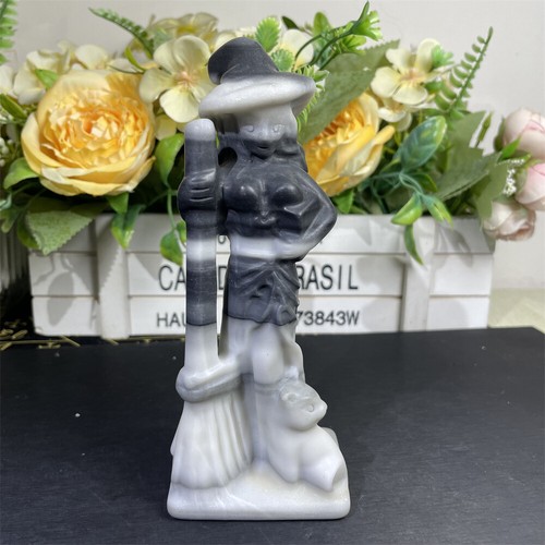 0.6LB 5.9" Natural Taiji Jade Witch With Cat Staute Quartz Crystal Hand ...