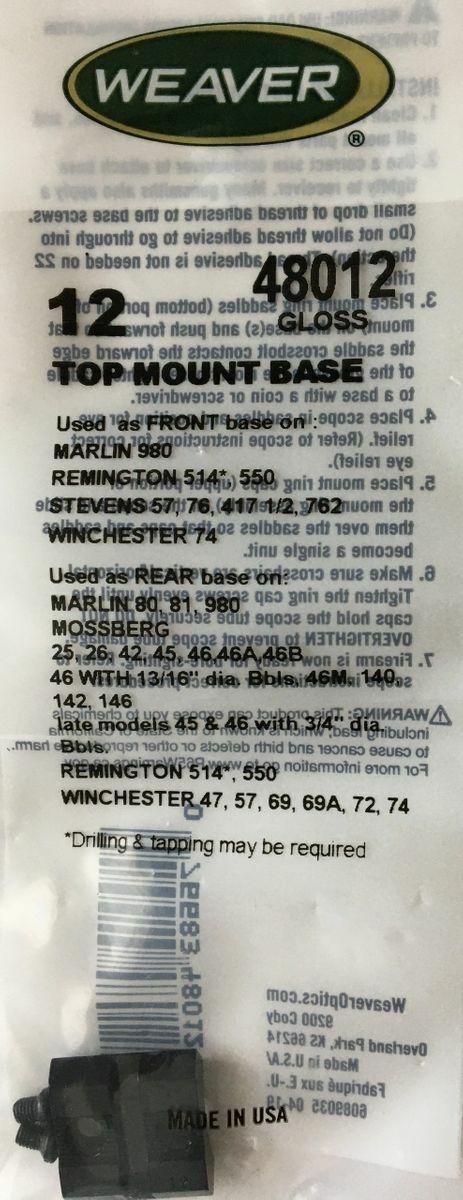Weaver, Model #12 Top Mount Base, Fits Front Rear See models , Gloss ...