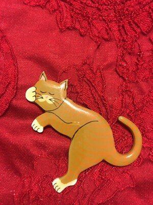 Vintage Wood Hand Painted Yellow Striped Cat Brooch Pin | eBay