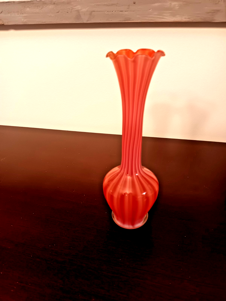 Vintage Peach Coral & White Swirl Art Glass Ruffled Rim Vase 8 In Tall ...