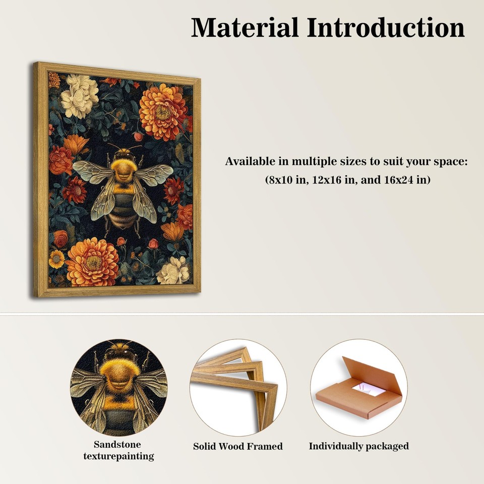 Framed Hand Drawn Sandstone Bee Wall Art, 3D Textured Nature Botanical ...