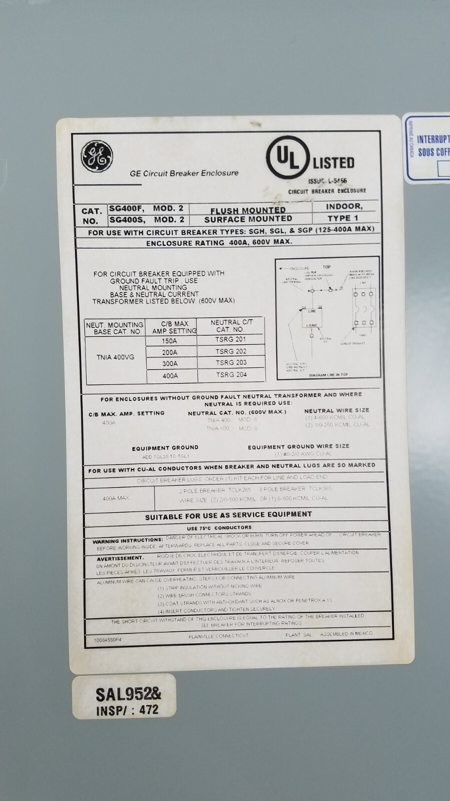 SG400S General Electric 400 Amp Breaker Enclosure 600V SGH SGL SGP GE ...