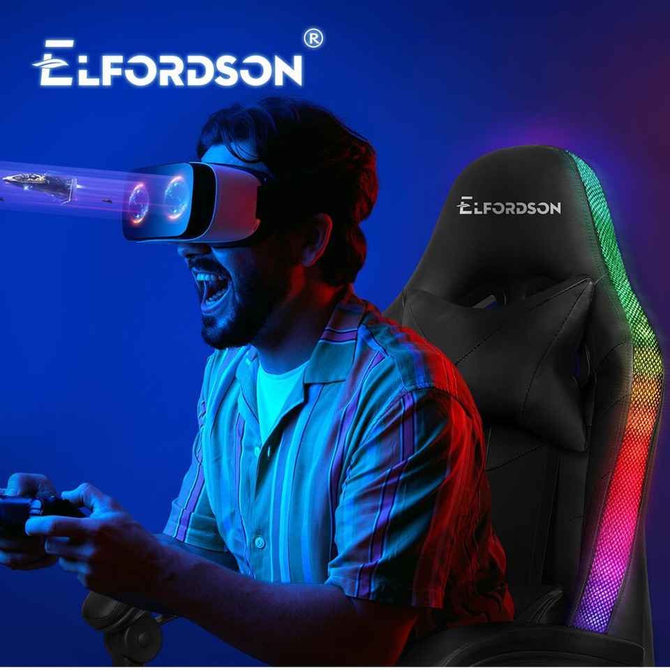 ELFORDSON Gaming Chair Massage RGB LED Recliner Swivel Footrest ...