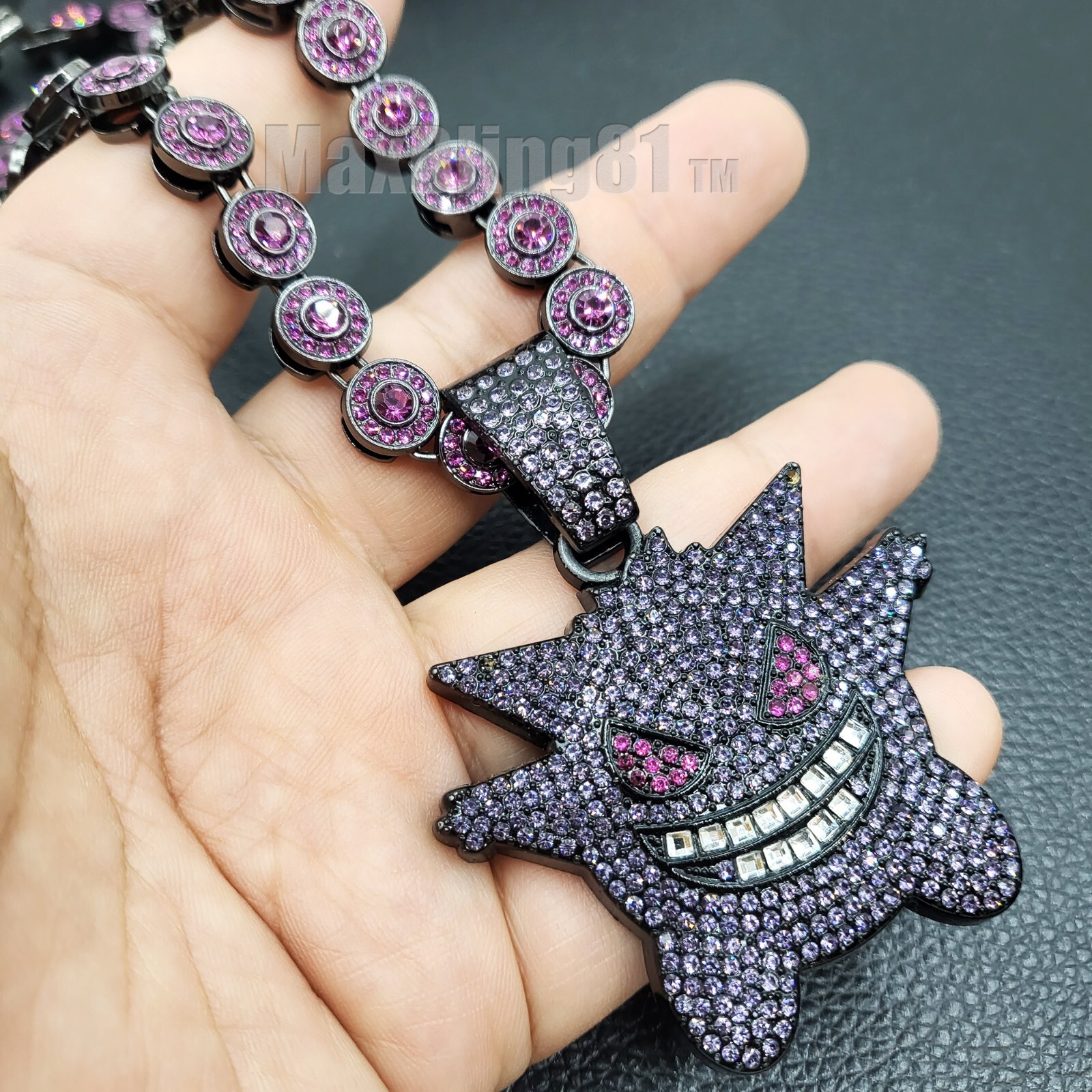 Hip Hop Purple Cubic Zirconia Gengar Pendant 20" Round Link Chain Bling ...