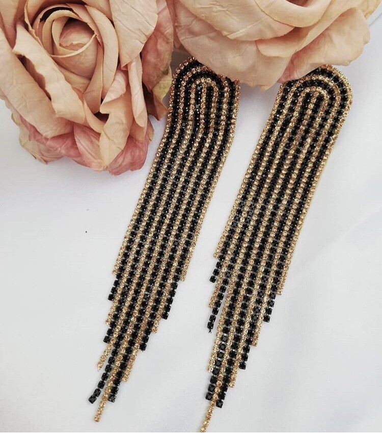 Gold Black Long Earrings Handmade Rhinestone Waterfall Shiny Earrings ...