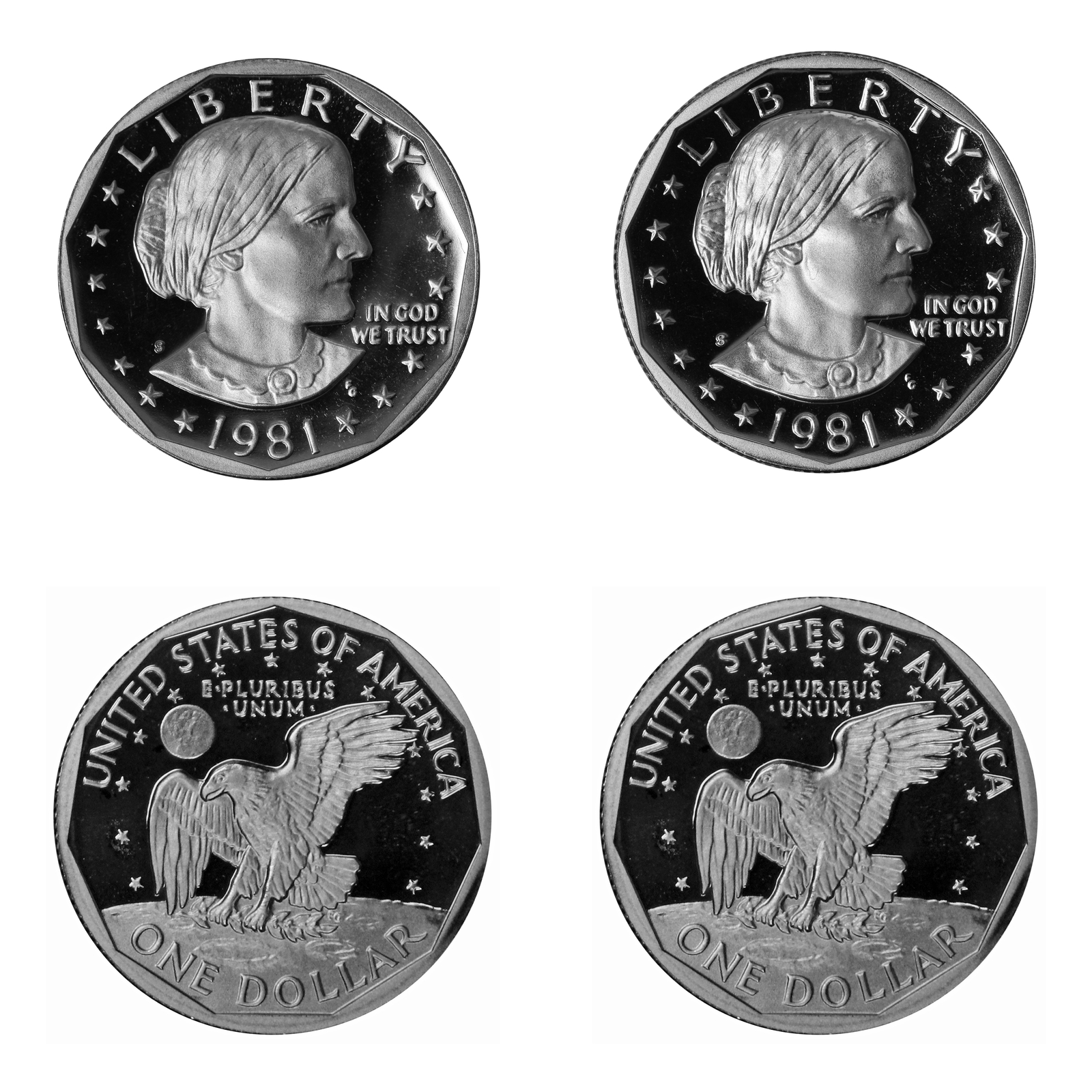 1981 S Susan B Anthony Dollar Choice Cameo Proof 2 Coin Set Type 1 & 2 ...