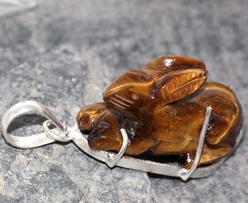 Carved Natural Tiger Eye 925 Silver Plated Rabbit Gemstone Pendant 1.9 ...