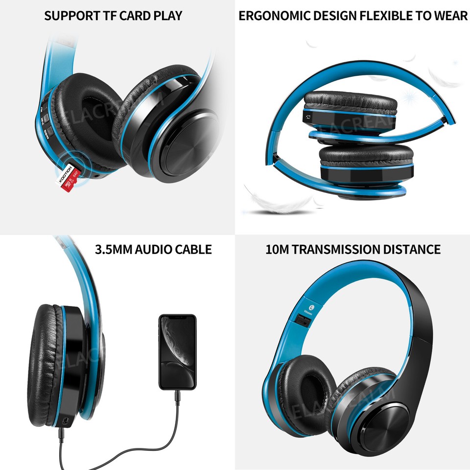 Blue Wireless Bluetooth Foldable Headphones Over Ear Hi-Fi Stereo ...