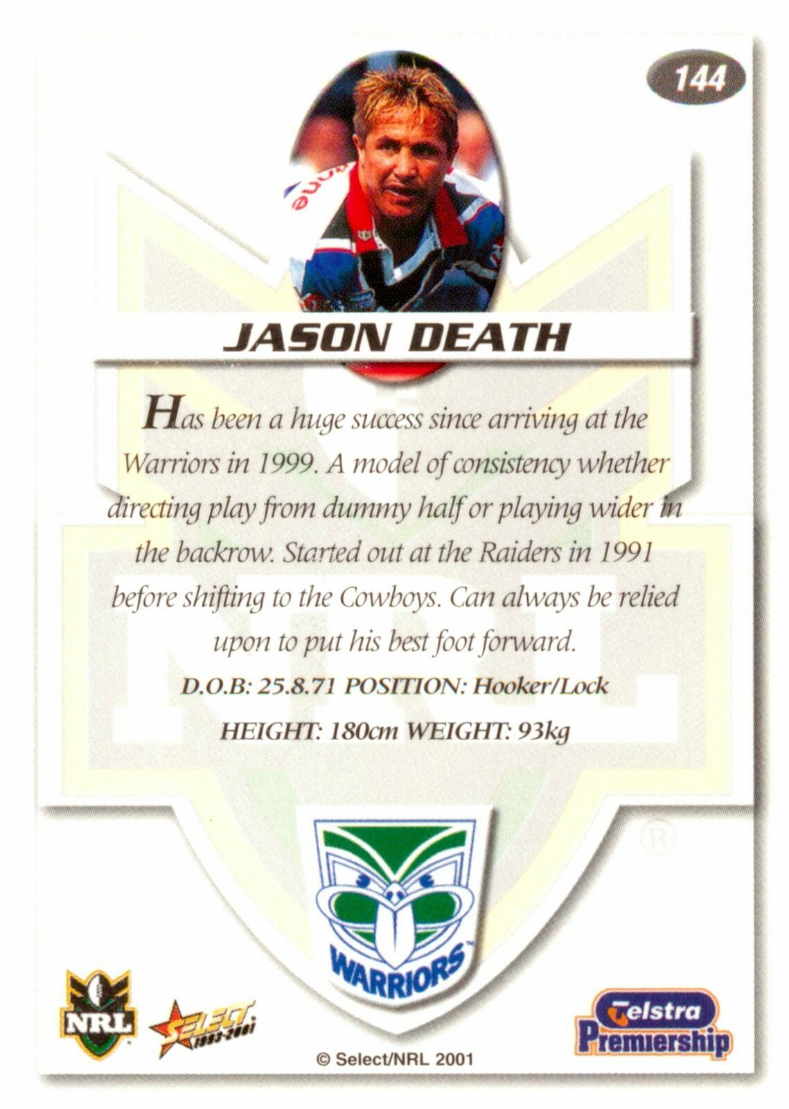 2001 NEW ZEALAND WARRIORS NRL Card JASON DEATH | eBay Australia
