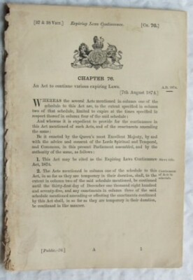 1874 Act of Parliament: continue expiring laws | eBay