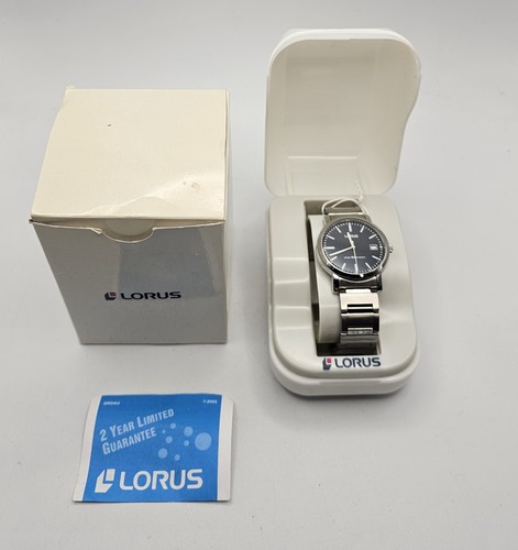 Lorus Mens Watch, Silver, Black Face, Day/Date Display, 50m WR - Boxed ...