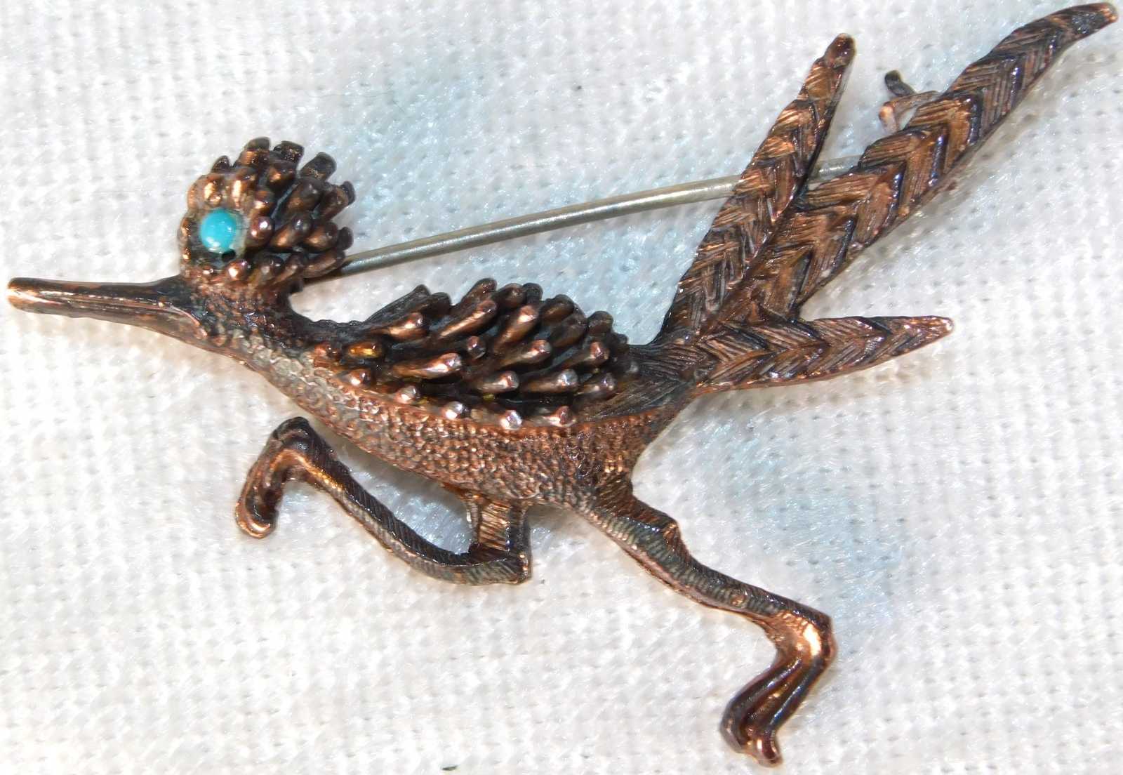 Vintage Navajo Roadrunner Turquoise Copper Brooch Pin - Gem