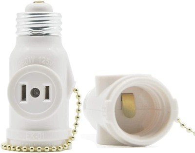 Light Socket Adapter E26 Two Outlets Polarized Pull Chain Switch White ...