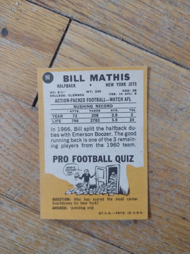 1967 TOPPS #96 BILL MATHIS New York Jets Ex | eBay