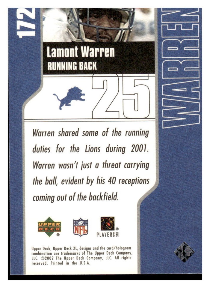 2002 Upper Deck XL #172 Lamont Warren - Detroit Lions | eBay
