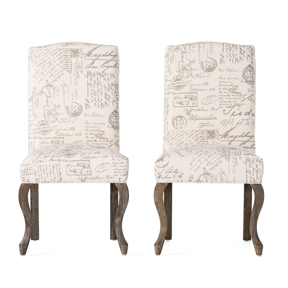 Crown Back French Script Beige Fabric Dining Chairs (Set of 2 ...