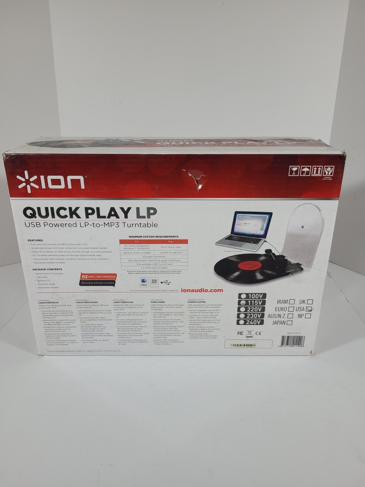 ION QUICK PLAY LP USB Powered LP-to-MP3 Turntable Records New Open Box ...