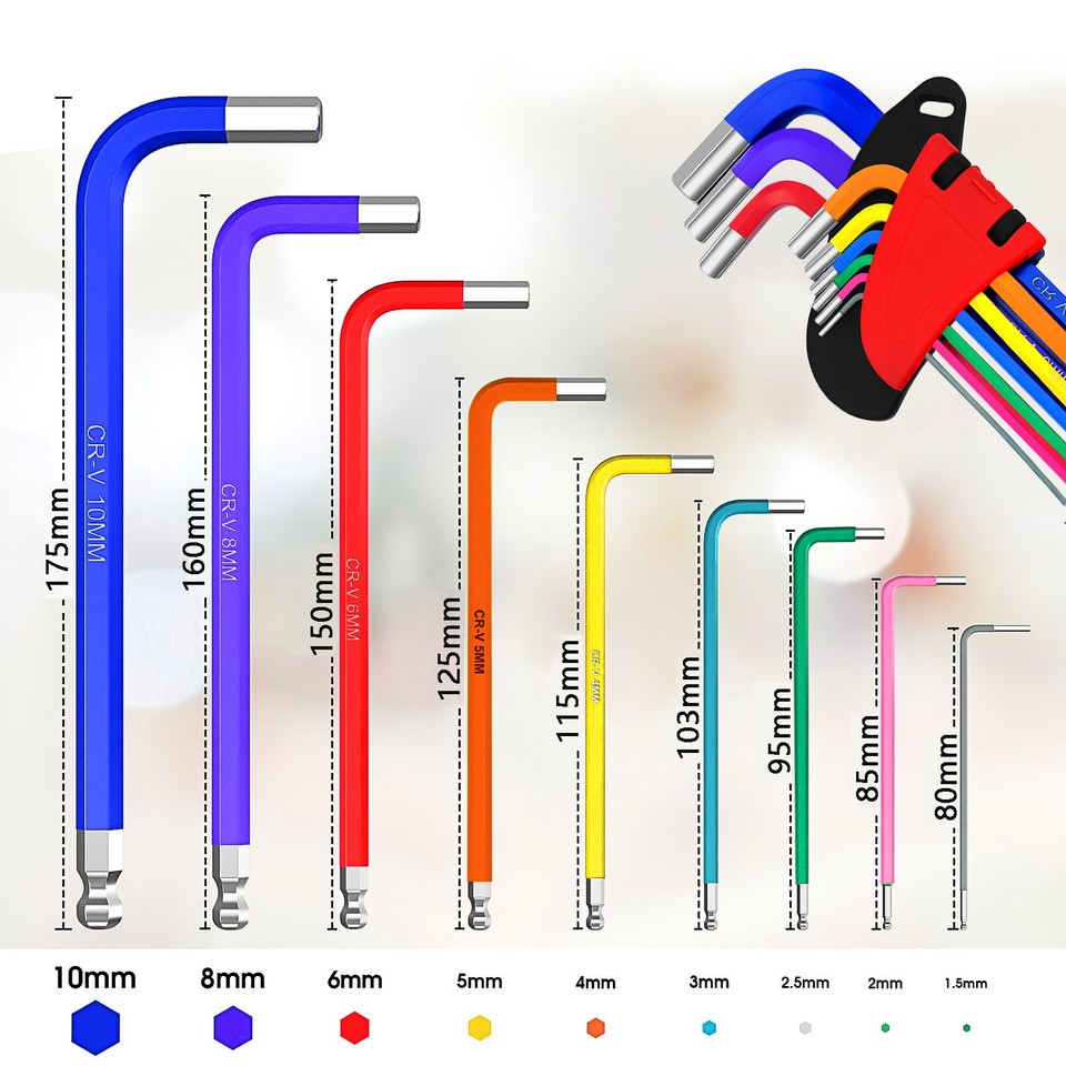 Allen Key Set Hex Metric 9pc Ball End Long Folding Colour Coded Alan ...