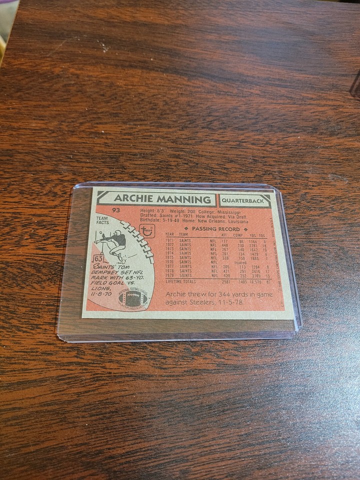 1980 Topps Archie Manning Football Card #93 New Orleans Saints NM | eBay