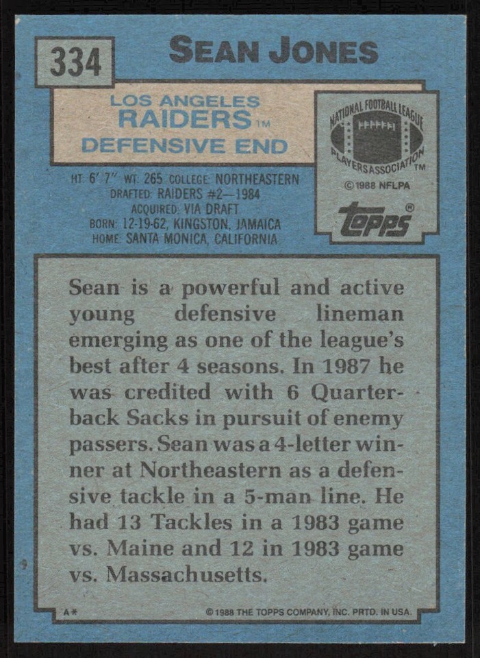 1988 Topps Football Sean Jones #334 Los Angeles Raiders | eBay