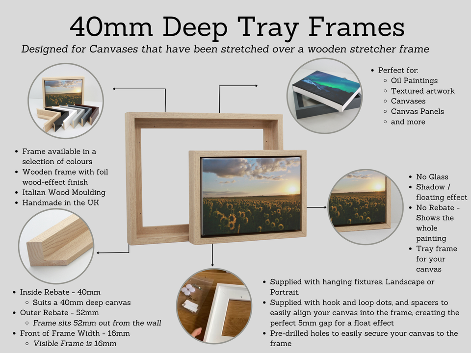 Oak Colour - 40mm Deep Canvas Tray Frames. Standard Sizes. Floating ...
