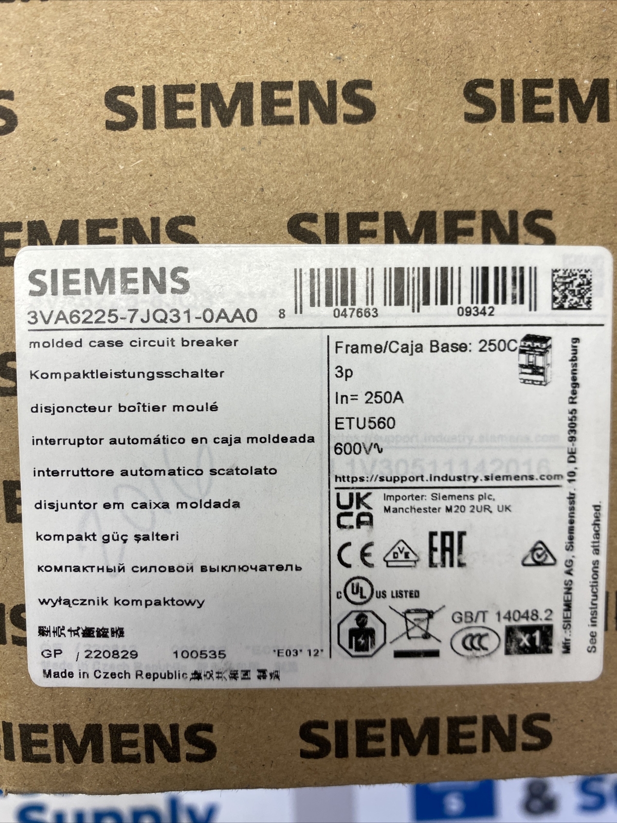 SIEMENS 3VA6225-7JQ31-2AA0 3 Pole 250 Amp Circuit Breaker 3va6 New In ...