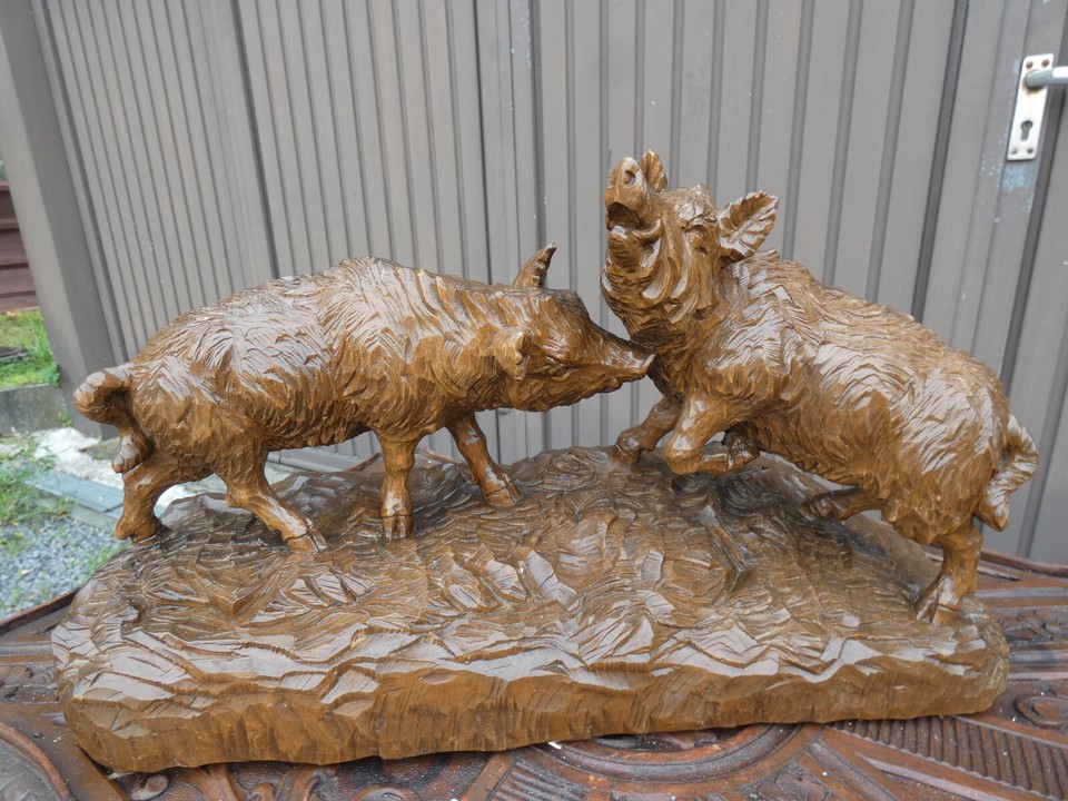 Antique german black forest wood carving boar animal sculpture statue ...