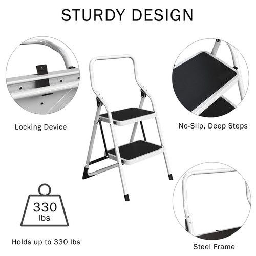 2-Step Stool - Folding Ladder with Handrails, Attachable Tool Bag ...